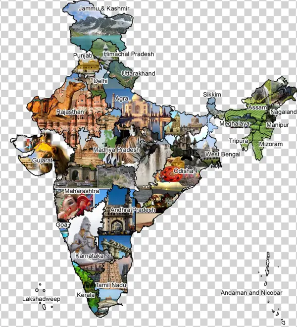 Map of India with States and Landmarks PNG